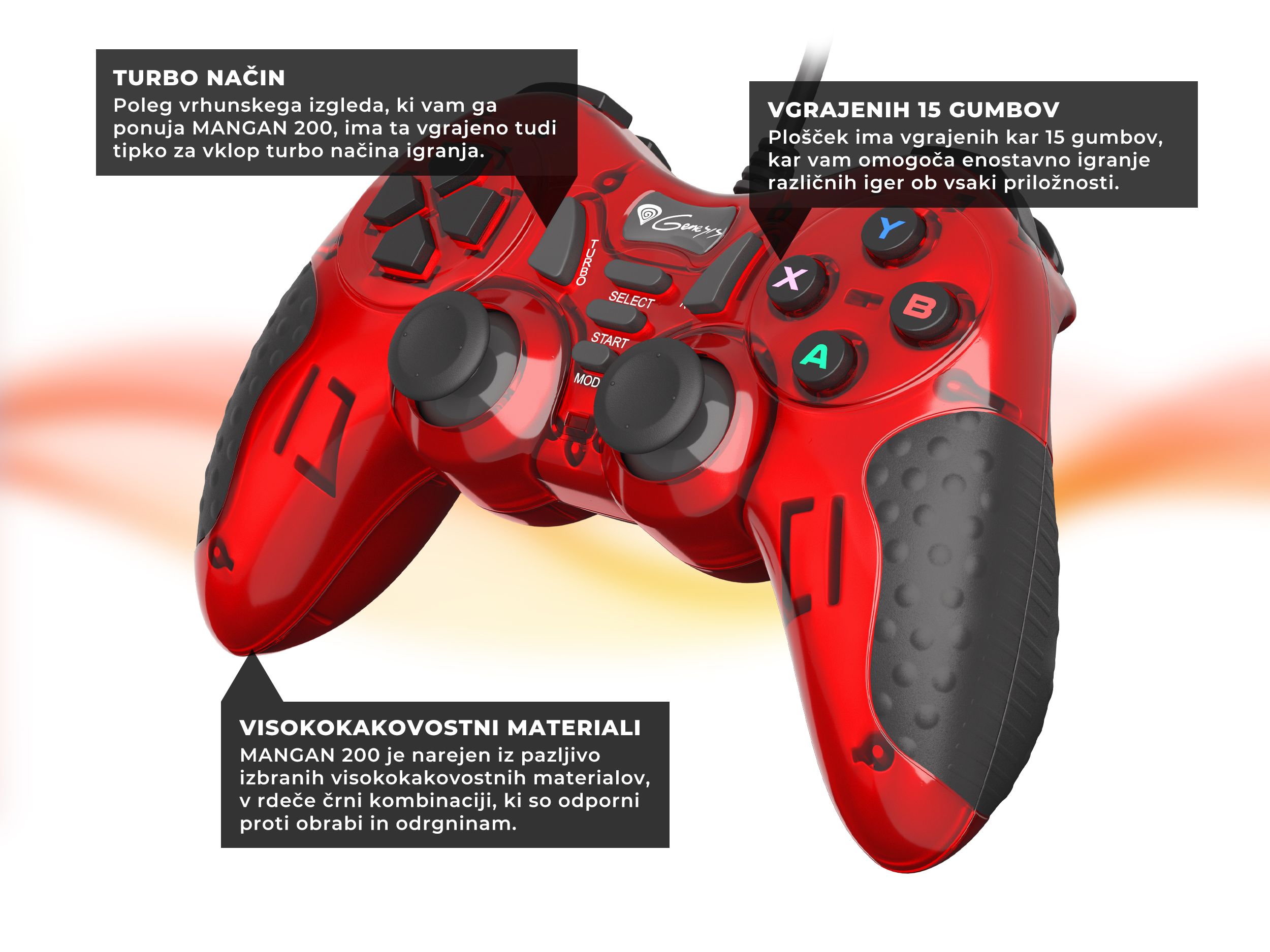 GENESIS Gamepad MANGAN 200, USB, PC, vibracija, 15 tipk, gaming plošček