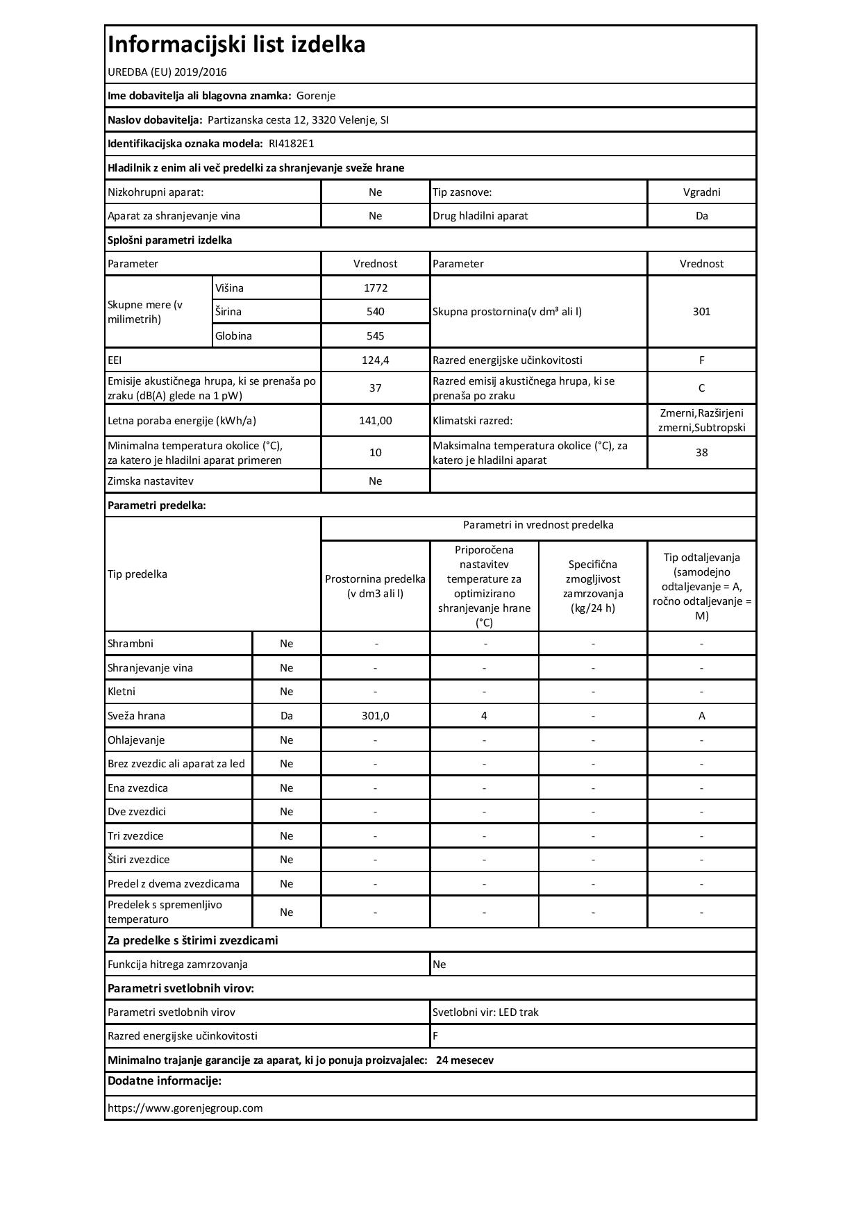 GORENJE RI4182E1 vgradni hladilnik