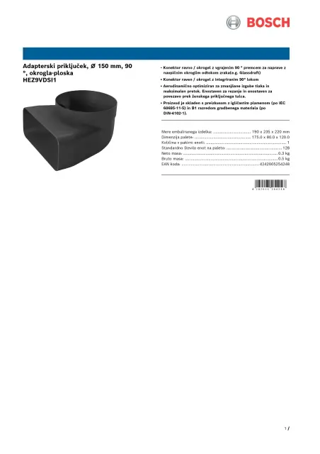 BOSCH HEZ9VDSI1 Adapterski priključek, ⌀ 150 mm, 90°, okrogla-ploska